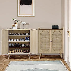 Wirrytor Rattan Shoe Cabinet, 16 Pairs Shoe Storage Cabinet With 4 Rattan Doors,4-Tier Modern Entryway Organizer Cabinet,Freestanding Shoe Rack Organizer Cabinet for Closet Hallway Living Room,Natural