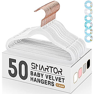 Smartor Premium Velvet Baby Hangers for Closet 50 Pack, 11.8" Safe Durable Baby Clothes Hangers for Nursery with 6 Pcs Closet Dividers, Sturdy Felt Hangers for Toddler/Infant/Kids/Childrens - White