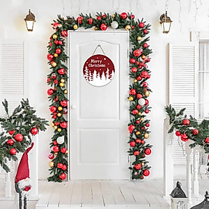 Merry Christmas Wooden Hanging Sign Plaque Christmas Forest Xmas Tree Decor for Holiday Farmhouse Front Door Porch Wall Window Outside Decorations 12x12 Inch