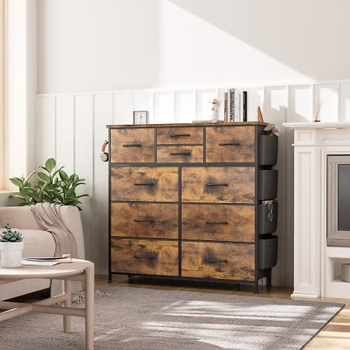 YaFiti 10 Drawer Dresser, Chest of Drawers for Bedroom, Fabric Dresser Drawers with Side Pockets, Hooks, Wooden Top and Sturdy Metal Frame for Living Room, Closet, Hallway, Nursery (Rustic Brown)