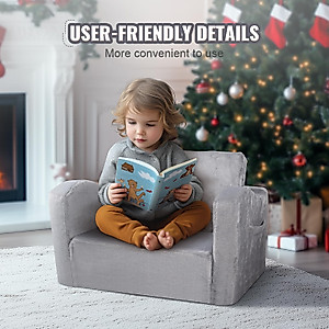 VEVOR Kids Couch, Toddler Chairs Comfy, 2-in-1 Toddler Couch Sofa Bed Fold Out, Convertible Sofa to Lounger, Kids Chair Seat Playroom Furniture for Kids Girls & Boys, Grey