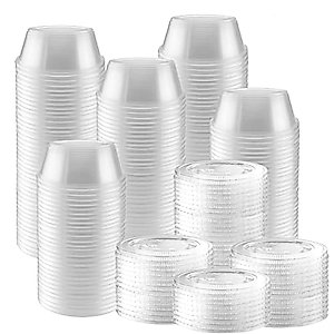 NYHI 100-Pack Jello Shot Cups with Lids - 2 Ounce Clear Plastic Containers with Leak-Proof Lids -Jello Shooter Shot Cups -Compact Food Storage for Portion Control, 2 oz,Sauces, Liquid, Dips