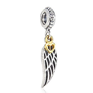 Angel Wing Charms with Gold Plated Heart 925 Sterling Silver Feather Pendant Dangel Christian Charm for DIY Charms Bracelet