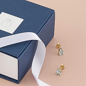 Peora 14K Yellow Gold Aquamarine Earrings for Women, Genuine Gemstone Solitaire Studs, 7x5mm Pear Shape, 1 Carat total, Friction Back
