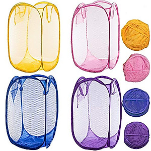Qtopun Mesh Popup Laundry Hamper, 4 Pack Foldable Portable Dirty Clothes Basket for Bedroom, Kids Room, College Dormitory and Travel (Yellow,Pink, Purple,Dark Blue)