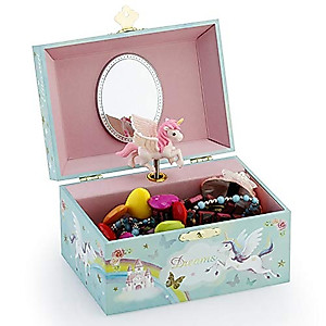 RR ROUND RICH DESIGN Musical Jewelry Glitter Storage Box and Jewelry Set for Little Girls with Spinning Unicorn and Rainbow - Blue Danube Tune Blue