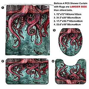 4Pcs Pink Ocean Bathroom Sets with Shower Curtains and Rugs Fish and Marine Animals Shower Curtains Sets with Bath Mat and Toilet Seat Cover Funny Bathroom Sets and Accessories