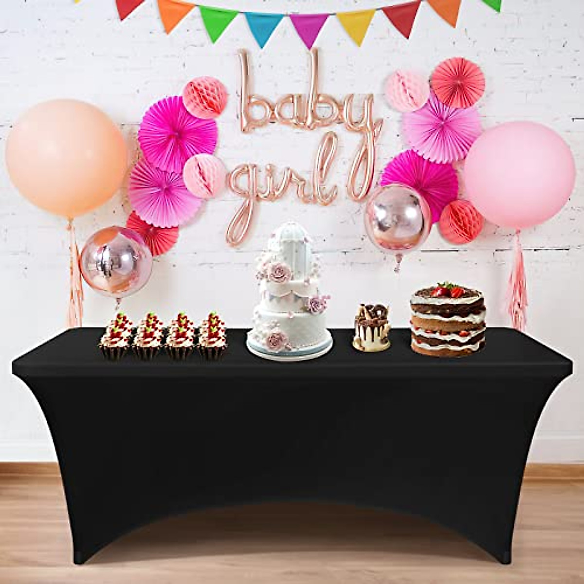 Yastouay 8ft Stretch Table Cloth Spandex Table Cover Tight Fitted for 8ft Rectangular Tables Black Washable Tablecloths for Party, Wedding, Banquet, Outdoor (Black, 8 Ft)