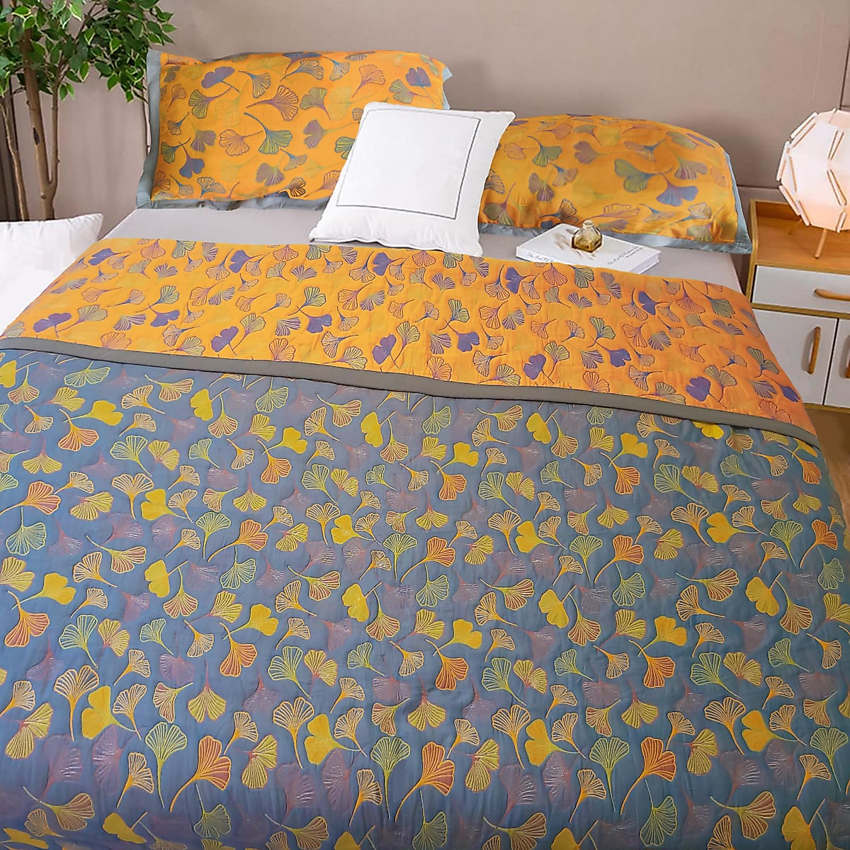 Ginkgo Queen Quilt Bedding Set 3 Piece Lightweight Cotton Queen Bedspread Coverlet Set for All Season Soft Reversible Quilt Set (Includes 1 Quilt, 2 Pillow Shams)