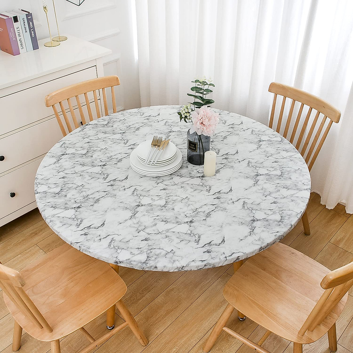 Round Vinyl Fitted Tablecloth with Flannel Backing Elastic Table Cloth Waterproof Oil-Proof Plastic Table Cover