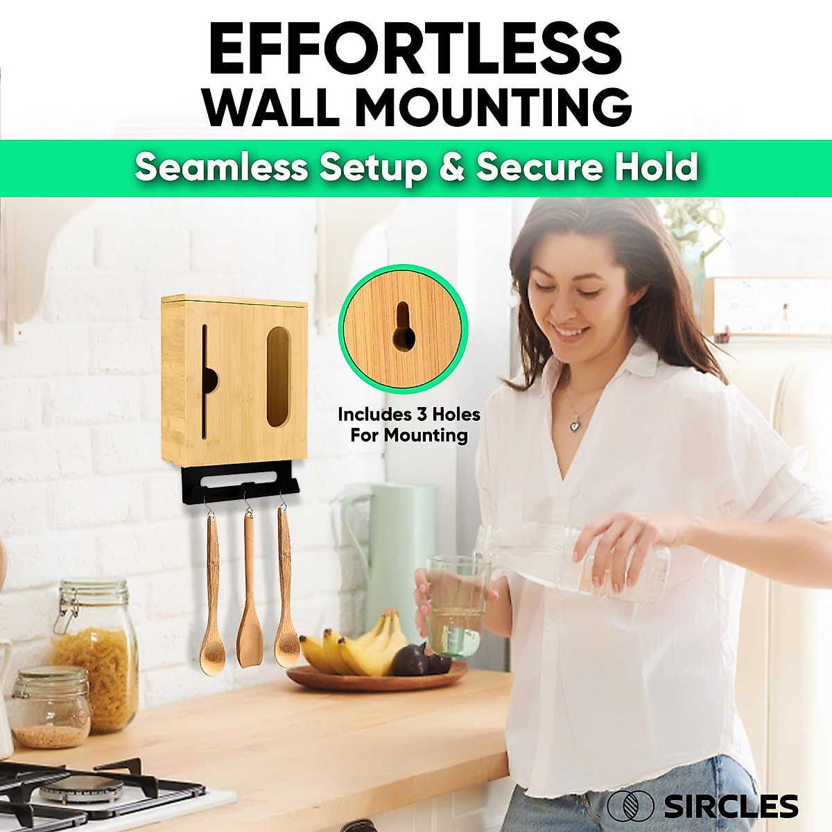 SIRCLES Trash Bag Dispenser Roll Holder - Grocery & Trash Bag Holder & Dispenser Organizer - Garbage Bag Holder with Bracket - Stylish Design - Includes Dispenser, Screws, Anchors & Mini Screwdriver