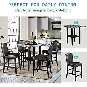 AYTTPG Modern 5 Piece Dinette Set with Matching Chairs and Bottom Shelf for Dining Room, Sturdy Wooden Frame, Marble Pattern Veneer, Chairs with Nail Head Trim, Easy Assembly, Black Chair+Gray Table