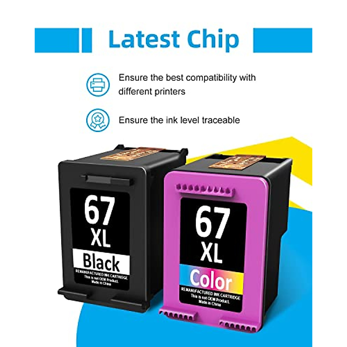 67 67XL Ink Cartridges Remanufactured Ink Cartridge for HP 67 XL 67XL Combo Pack for Envy 6055e 6055 6052 6075 Envy Pro 6455e 6455 6475 6452 6458 DeskJet 4155 2755e 2755 4052 (1 Black, 1 Tri-Color)