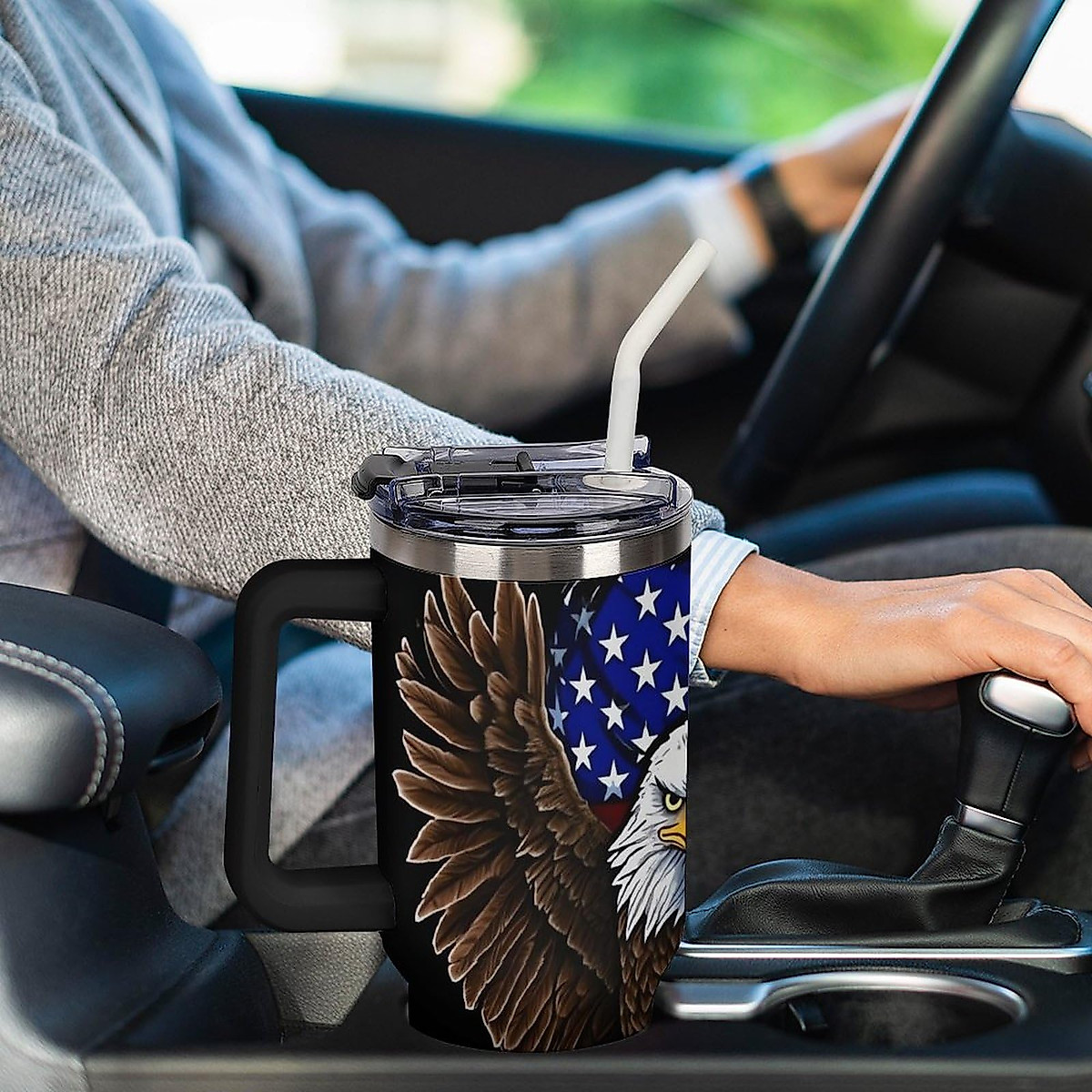 USA Flag Patriotic Eagle Insulated Stainless Steel Travel Mug, 40 Oz Tumbler with Handle And Straw Double-Wall Vacuum Coffee Cup, Leak-Proof Lid, Keeps Drinks Hot/Cold for Hours