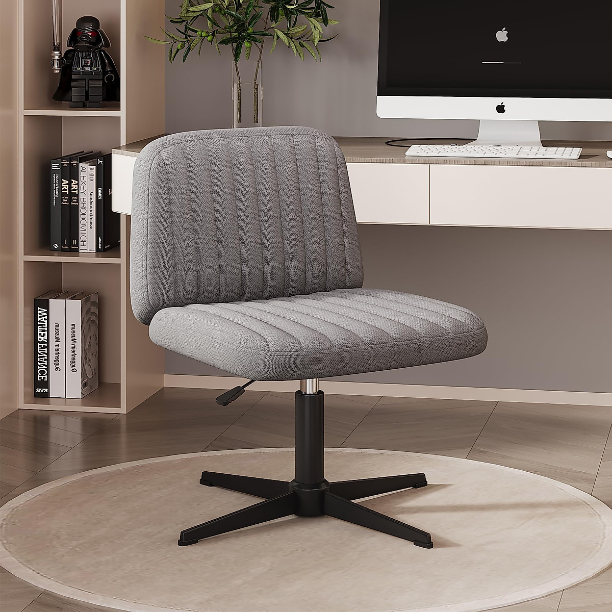 Armless Criss Cross Chair Comfy Office Chair with Lumbar Support Pillow Home Office Desk Chair No Wheels Computer Chair Vanity Chair for Makeup Room, Living Room Chairs (Grey+Black Base)