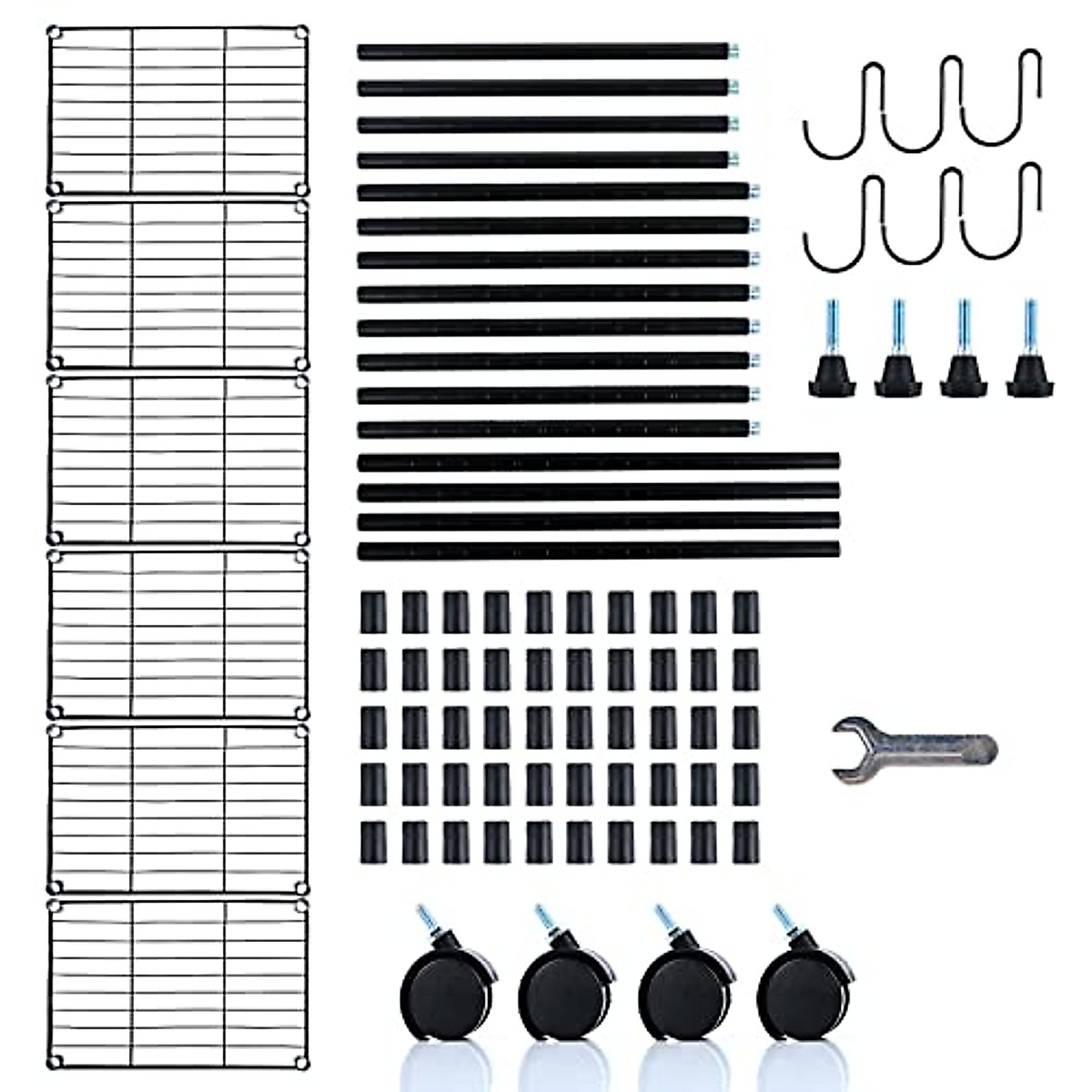YSSOA Heavy Duty 6-Shelf Shelving with Wheels, with Hanging Hooks, Wire Shelving, Adjustable Storage Units, 17'' D x 11'' W x 63'' H, 6 Tier, Black