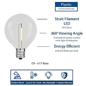 Novelty Lights 25 Pack G50 LED Light Bulbs, E17 C9 Intermediate Screw Base Shatterproof Outdoor String Lights Clear Globe Bulbs, Edison Light Bulbs for Patio Decor, Warm White, 0.6 Watt