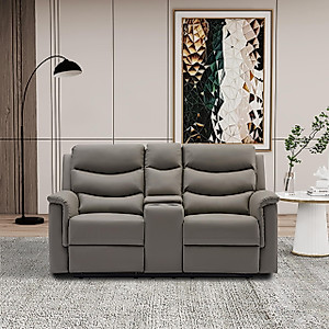Eafurn Faxu Leather Love, Manual Double Reclining Loveseat Sofa, Home Theater Seating with Storage Console, Wall Hug RV Couch with Cup Holders for Living Room Furniture Sets, Grey