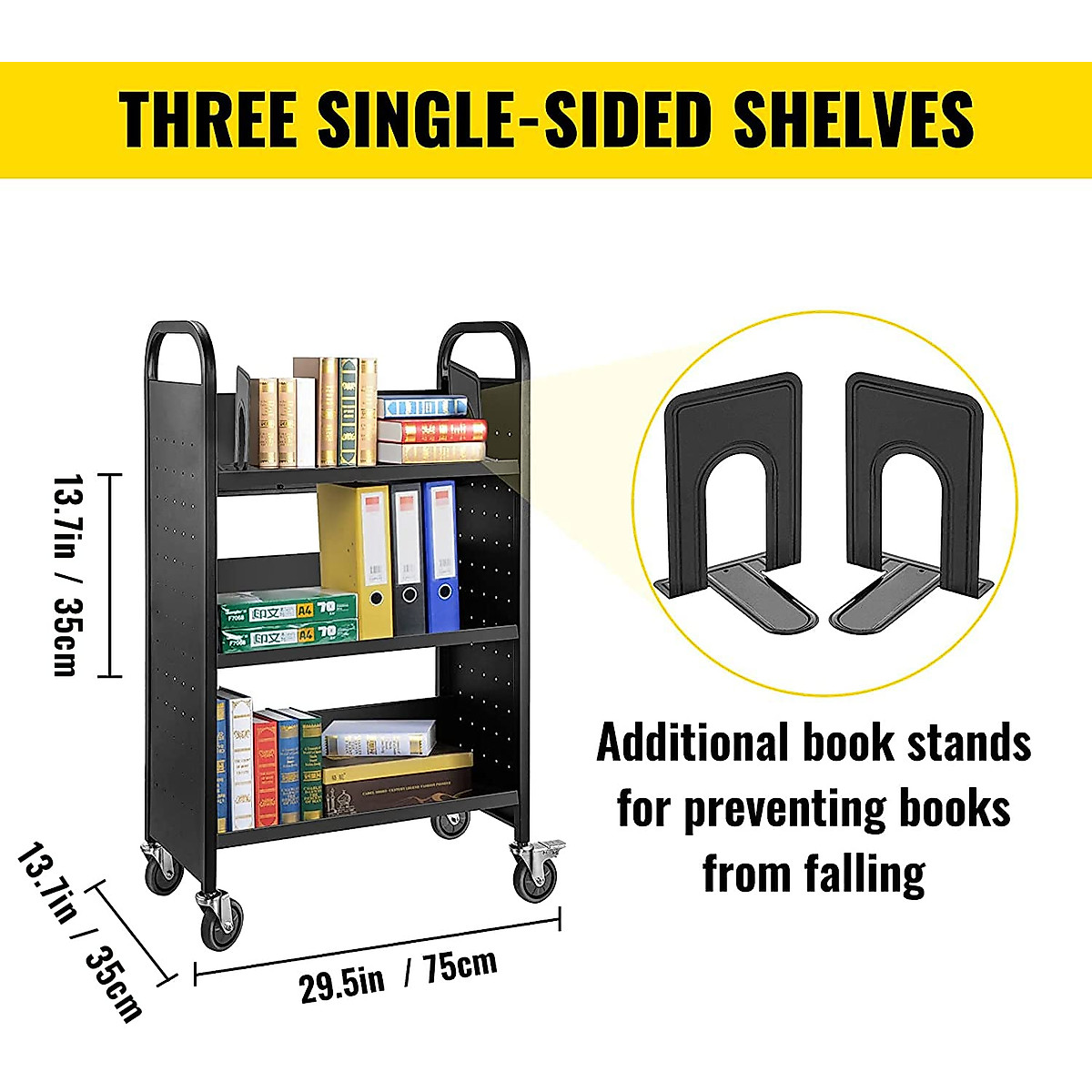 VEVOR Book Cart, 200LBS Library Cart, Single Sided V-Shaped 30x14x49 Inch Rolling Book Cart, Sloped Shelves with 4 Inch Lockable Wheels for Home Shelves Office and School Book Truck in Black
