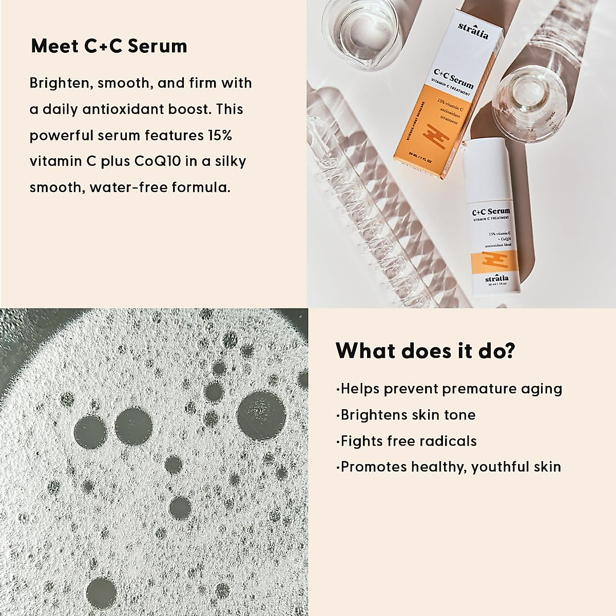 Stratia C+C Serum, 15% Vitamin C with 10% L-ascorbic Acid, Non-Irritating, Water-Free Formula, Anti-Aging, Benefits, 1 Fl Oz