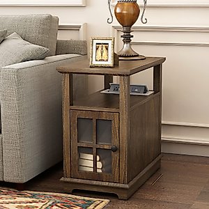 FAGAGA End Table with Charging Station, Storage Side Table with USB Ports and Outlets, Wooden Nightstand for Living Room/Bedroom/Office