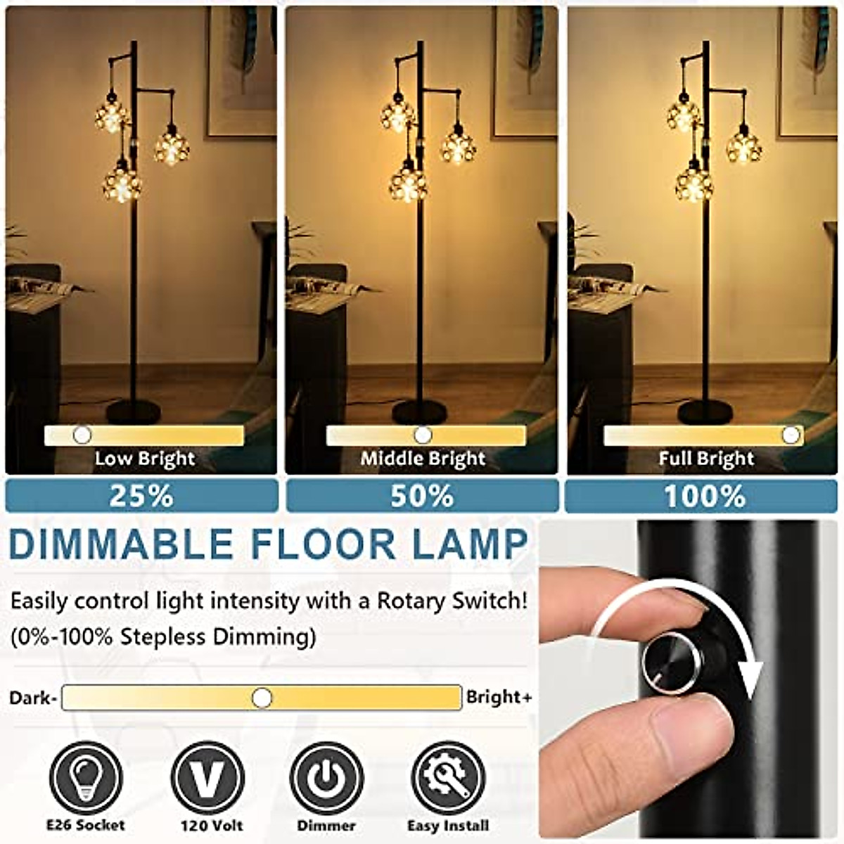 Stepeak Dimmable Crystal Floor Lamp, Industrial Farmhouse Floor Lamps for Living Room, 3-Light Black Standing Lamp for Bedroom, Modern Floor Lamp with 3 Lampshades, Rustic Tall Tree Lamp, 64inch, E26