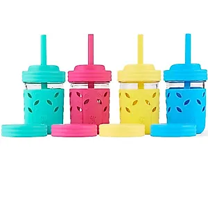 Elk and Friends Kids & Toddler Cups | The Original Glass Mason jars 8 oz with Silicone Sleeves & Silicone Straws with Stoppers | Smoothie Cups | Spill Proof Sippy Cups for Toddlers