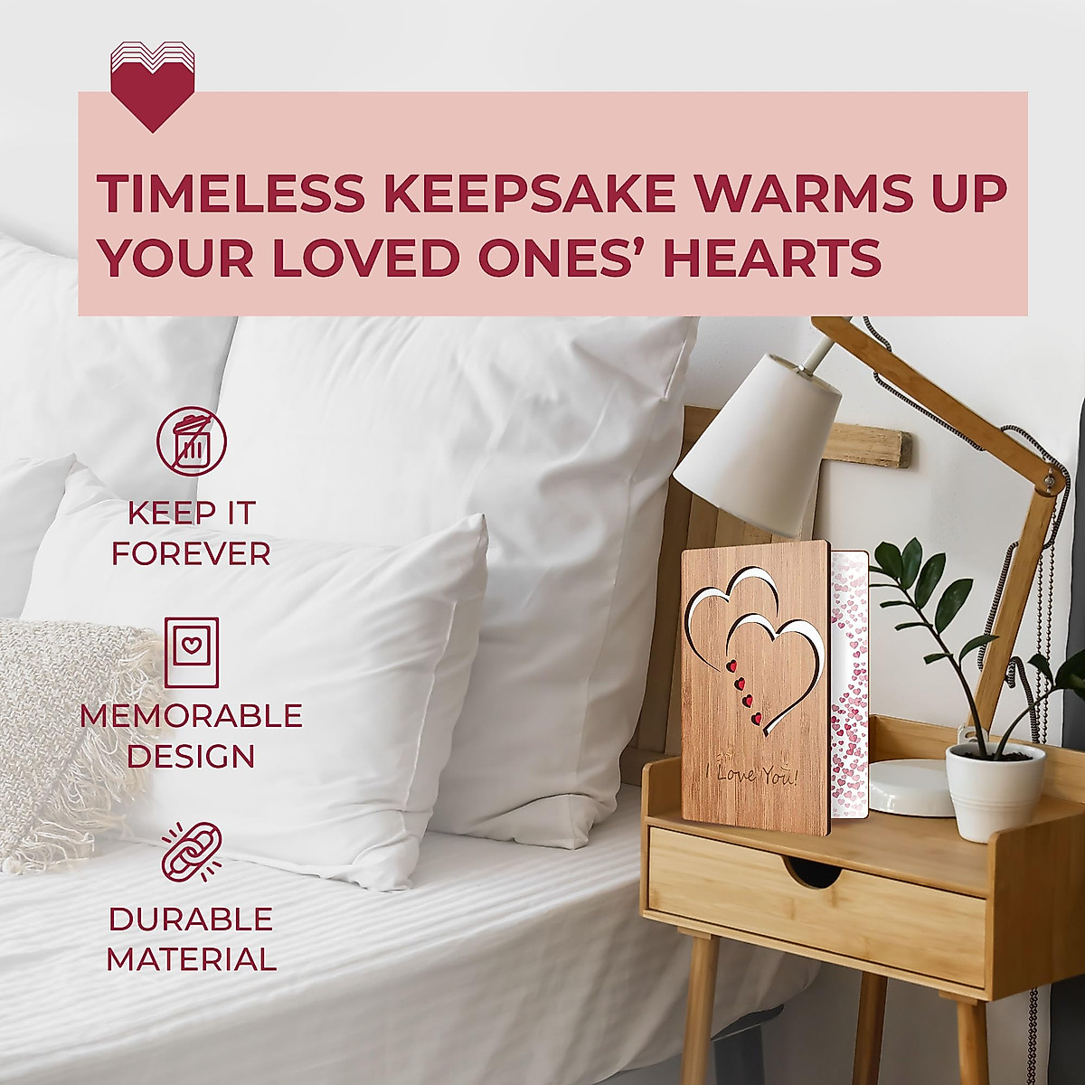 Valentine’s Day Cards for Her Him, Wood Valentines Cards for Husband Wife, Anniversary Card by HeartSpace, Classic Hearts Design: Wooden Greeting Cards, Handmade Made from Sustainable Bamboo, Love Card, Valentines Day Gift, Valentine Card, Valentine's Day