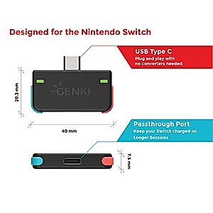 GENKI Audio Bluetooth 5.0 Adapter for Nintendo Switch/Switch Lite/PS4/PS5/PSVR2 - Compatible with All BT Headphones & Airpods, Low Latency with aptX Technology (Neon)