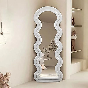 LOVDECORT Irregular Wavy Full Length Mirror, 63" x 24" Shatter-Resistant Selfie Leaner Mirror, Standing Floor Mirror for Hanging & Leaning Against Wall with Velvet Wrapped Wooden Frame(White)