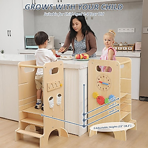 JUZBOT Toddler Tower 4 in 1 Toddler Kitchen Stool Helper Adjustable Standing Tower for Kitchen Counter with Slide, Chalkboard, Montessori Activities
