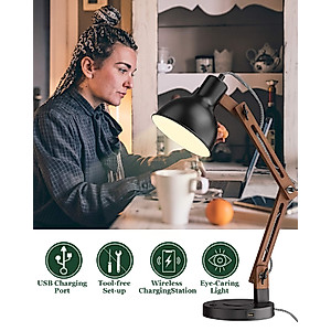 ELYONA Sapele Wood Desk Lamp with Wireless Charging & USB Port, Swing Arm, LED Bedside Table Lamp for Bedroom, Adjustable Reading Task Lights for Dorm, Office, Living Room, 5W Bulb Included, Black