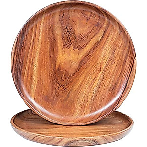 Wooden Plates, Teak Wood Dinner Plates, Round Serving Plate Set of 2, Cheese Plates Coffee Tea Serving Tray Fruit Platters Party Dinner Plates, Wood Plates for Snacks, 10 Inch