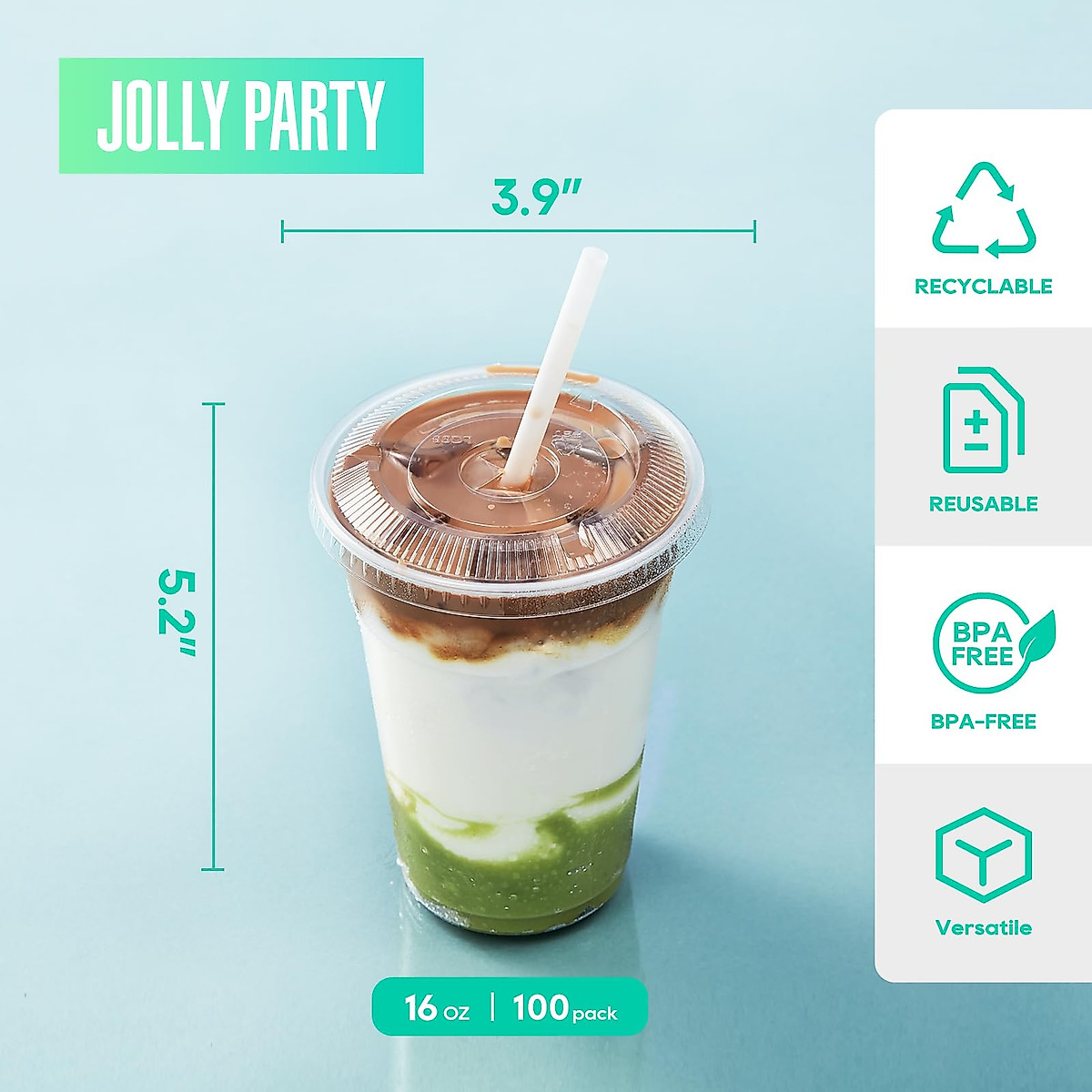 JOLLY PARTY 100Pack 16 oz Clear Plastic Cups With Flat Lids, Disposable Clear Cups with Straw Slot Lids, Crystal Clear Disposable Drinking Cups for Juice Ice Cream Milkshake Iced Coffee Cold Drink