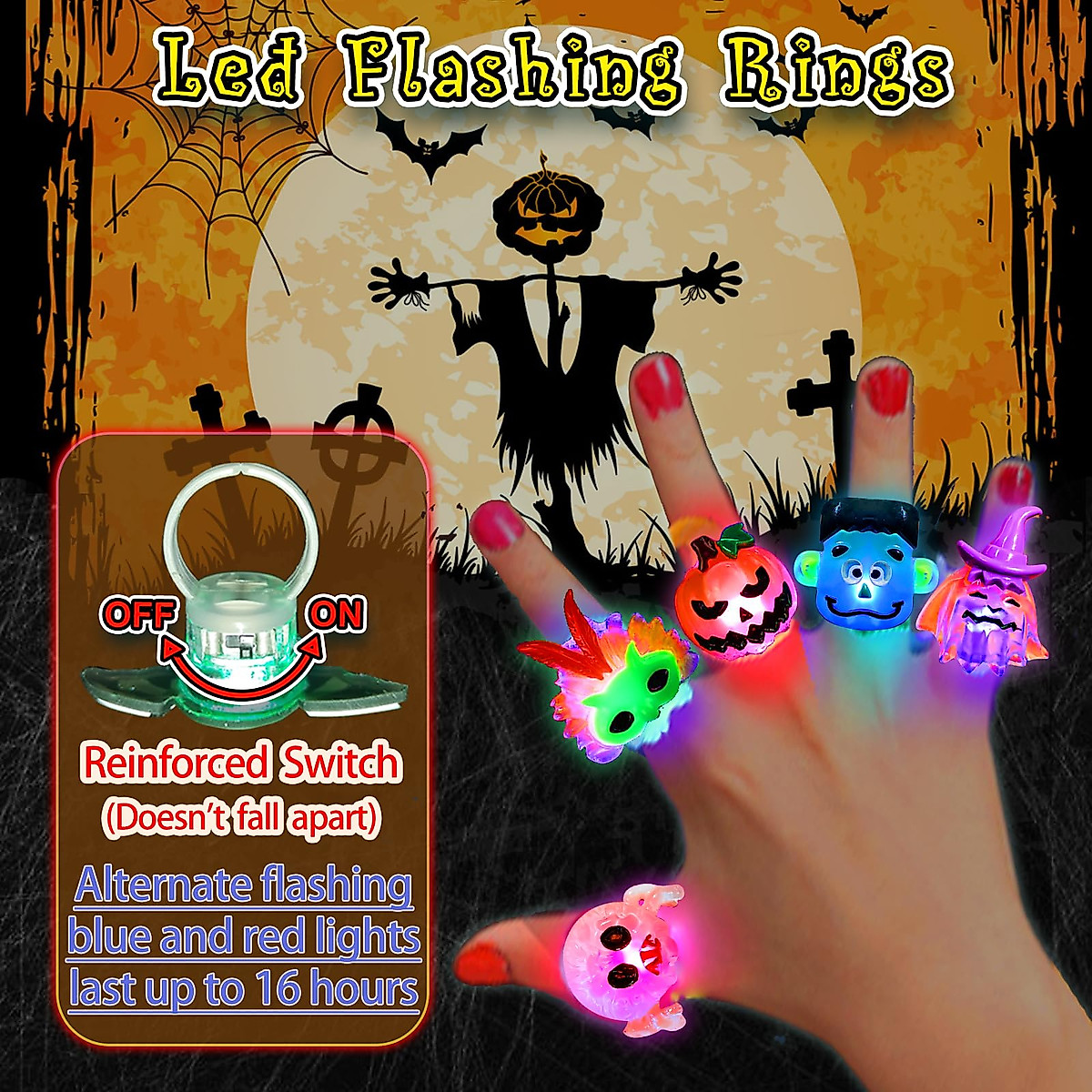 38Pcs Halloween Party Favors for Kids, 3D Light Up Rings Bulk Toys Halloween Treats Non Candy, 28 Led Flashing Rings & 10 Luminous Tattoos, Halloween Goodie Bag Fillers Glow In The Dark Party Supplies