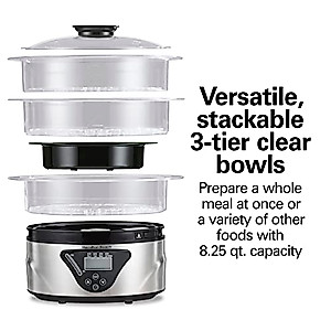 Hamilton Beach Digital Electric Food Steamer & Rice Cooker for Quick, Healthy Cooking with Stackable Three-Tier Bowls for Vegetables and Seafood, 8.25 Quart, Black & Stainless Steel