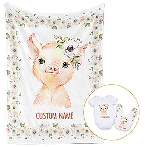 Pavo Personalized Baby Blankets for Girls - Custom Baby Blanket with Name - Colorful Flowers Cute Pig Blanket for Baby - Best Shower Gifts for Baby, Newborn Super Soft Fleece Blanket