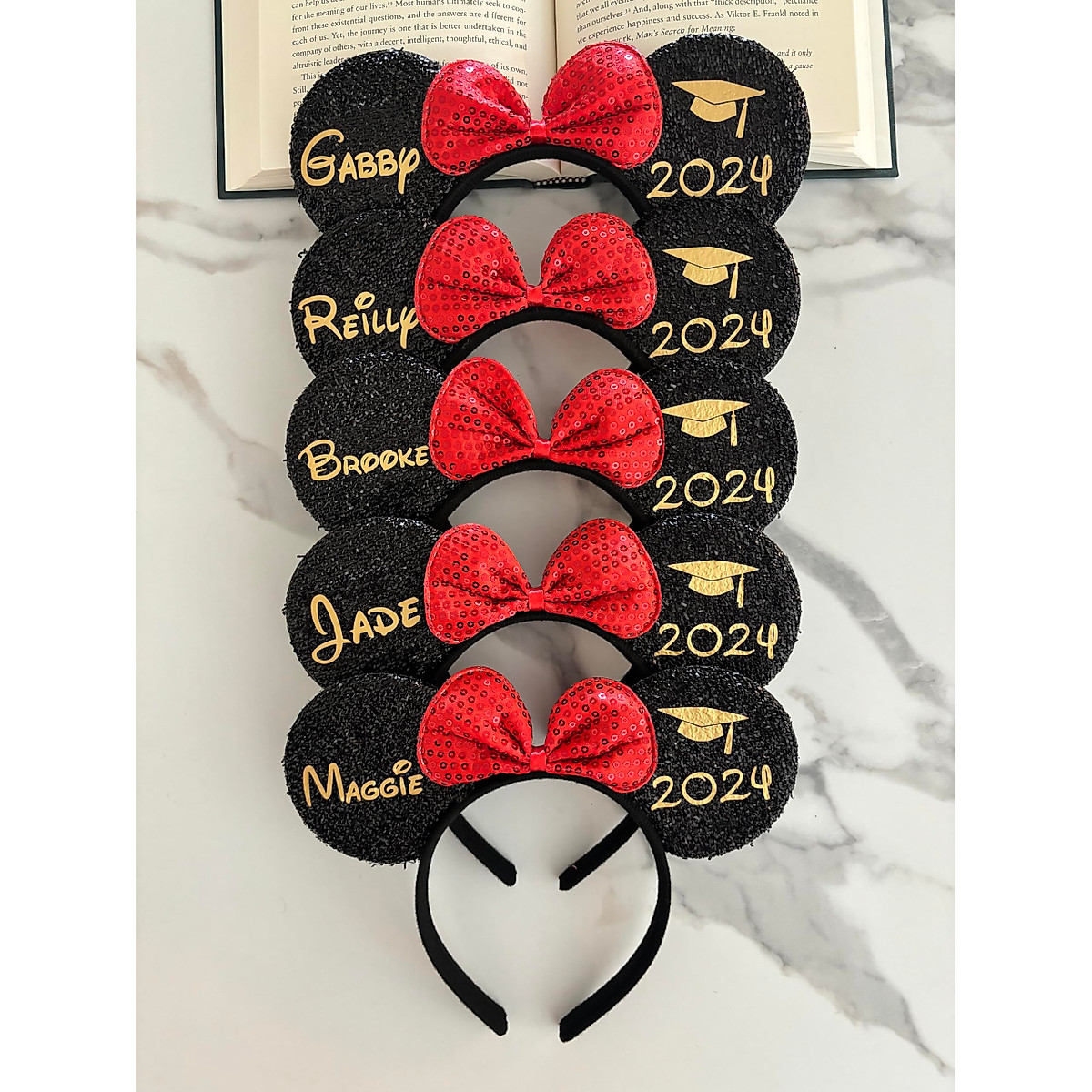 Personalized Graduation Mouse Ears for Class of 2024, Custom Graduation Gifts, Black Sequin Headband with Red Sequin Bow