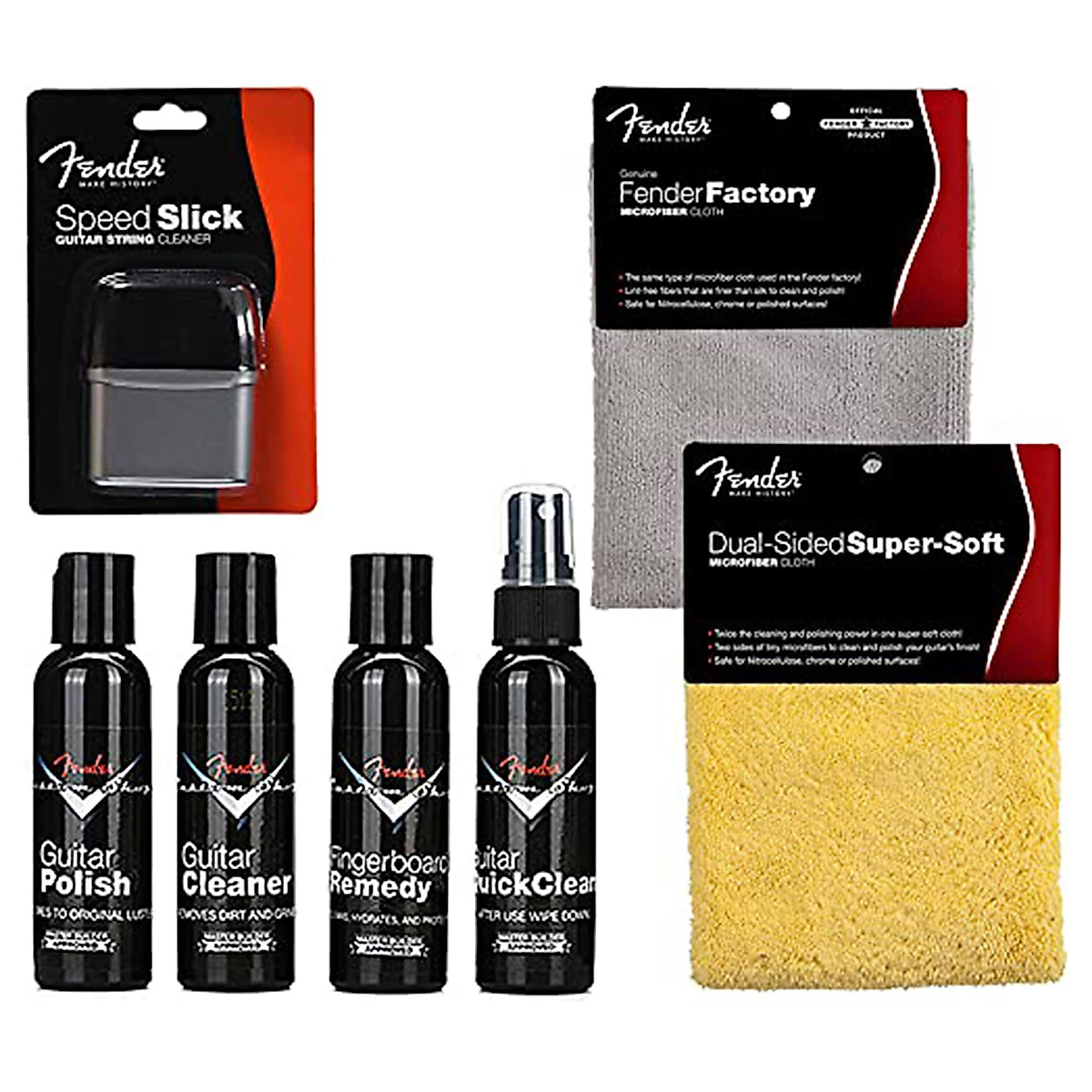 Fender Guitar Super Care Kit Bundle with Speed Stick String Cleaner, Custom Shop Deluxe Guitar Care System 4 Pack, Super-Soft Dual-Sided Microfiber Cloth, and Fender Factory Microfiber Cloth