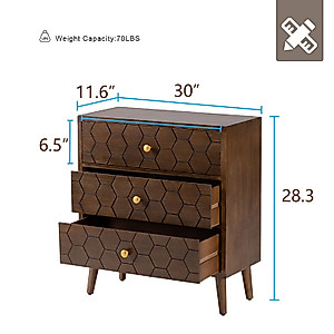 HOMPUS Modern End Table w Honeycomb Pattern, Nightstand w 3 Storage Drawers, Night stand w Walnut Wood Grain Finish, Small Chest of Drawers, Cabinet w 3 Drawers for Bedroom, Living Room, Brown