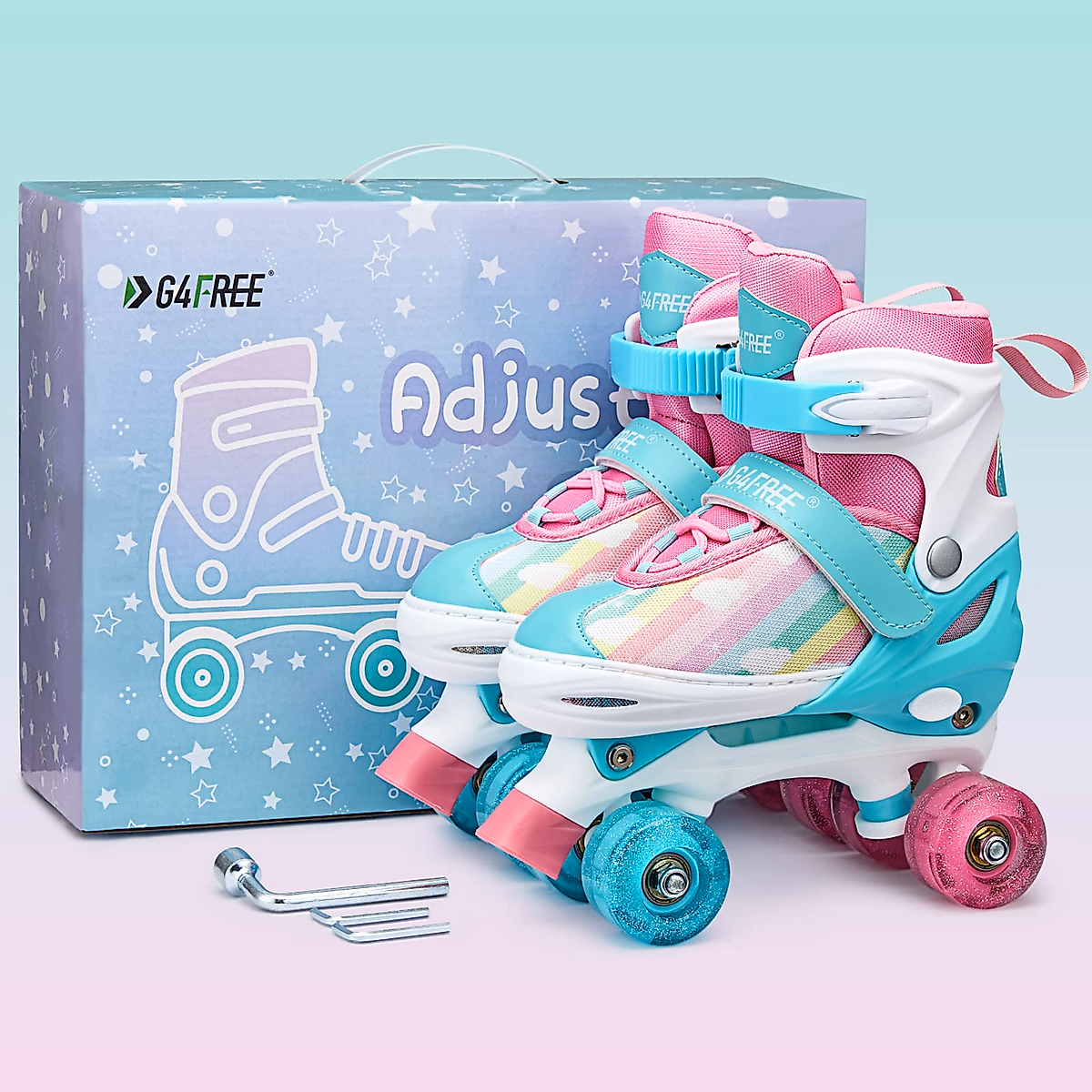 G4Free Kids Roller Skates for Girls, 4 Size Adjustable Roller Skates with Light Up Wheels for Toddlers Children Outdoor Indoor