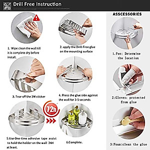 BESy Adhesive Bathroom Shower Corner Shelf Shower Corner Caddy with 2 Hooks, Drill Free with Glue or Wall Mount with Screws,No Damage Stainless Steel 1 Tier Shower Wall Shelves Triangle,Brushed Nickel