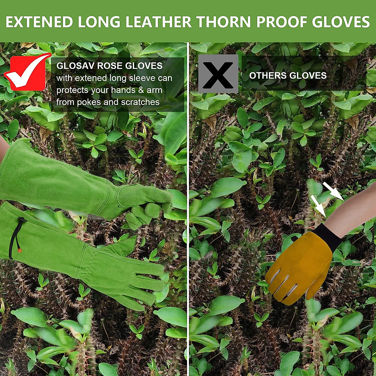 GLOSAV Professional Thorn Proof Gardening Gloves for Women and Men Rose Pruning & Cactus Trimming, Long Sleeve Heavy Duty Ladies Garden Gloves, Cowhide Leather (Small, Green)
