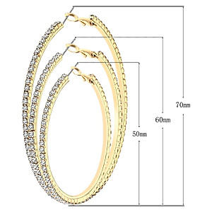 NLCAC 14K Gold Plated Big Hoop Earrings-3 Pairs Gold Hoops Crystal Rhinestone Hoop Earrings Set 50mm 60mm 70mm (Gold)