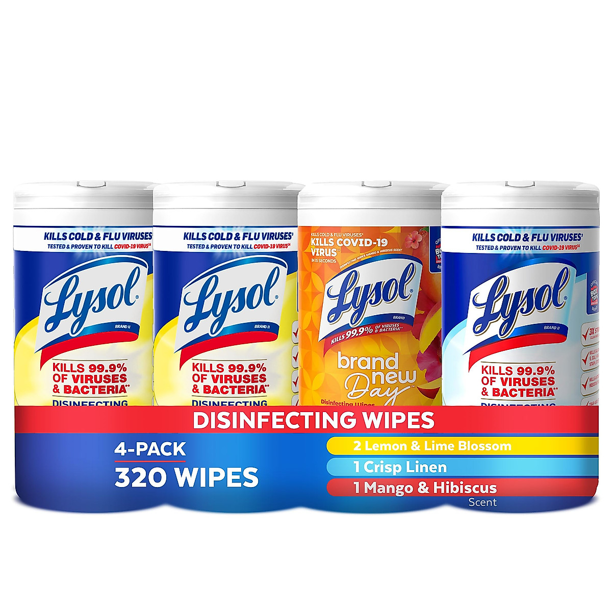 Lysol Disinfectant Wipes Bundle, Multi-Surface Antibacterial Cleaning Wipes, contains x2 Lemon & Lim Blossom, Crisp Linen, Mango & Hibiscus, 80 Count (Pack of 4)