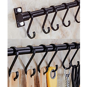 Gourmet Kitchen Utensil Rack with 6 Hooks, Wall Mounted Rail Wrought Iron Hanging Utensil Holder Rack with Removable S Hooks 16 Inch (Black-6 Hooks)