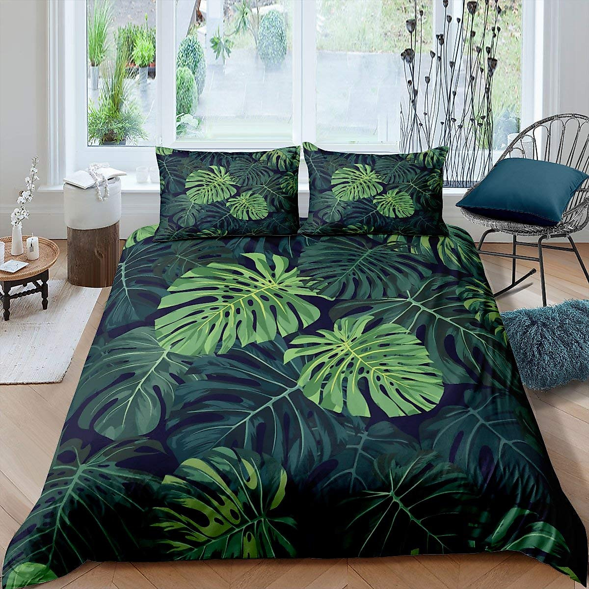 Erosebridal Banana Leaf Bedding Set, Hawaiian Beach Comforter Cover for Kids Teens Tropical Leaves Duvet Cover, Rainforest Natural Quilt Cover Room Decor 3 Pieces with 2 Pillowcases Queen Size