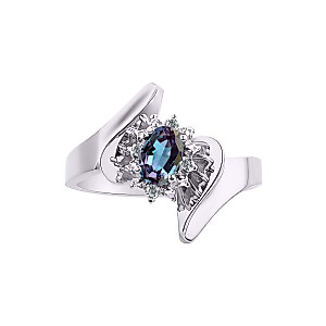 Rylos Floral Designer Ring with 6X4MM Oval Gemstone & Sparkling Diamonds in Sterling Silver- Birthstone Alexandrite Jewelry Size 7