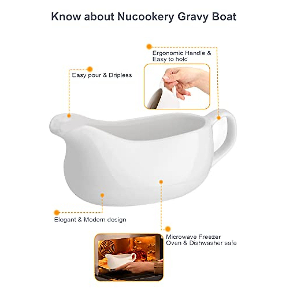 Nucookery Large 14 Oz Gravy Boat With Ergonomic Handle | White Fine Porcelain Saucier With Big Dripless Lip Spout | For Gravy, Warming Sauces, Salad Dressings, Milk, More | Microwave & Freezer Safe