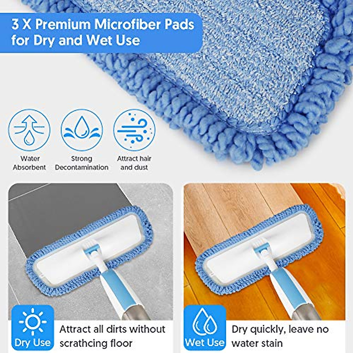 MANGOTIME Microfiber Spray Mop for Floor Cleaning - Hardwood Floor Mop Dry Wet Mop for Hardwood Wood Laminate Tile Vinyl Kitchen Dust Mop with 3 Reusable Washable Mop Pads 410ml Refillable Bottle